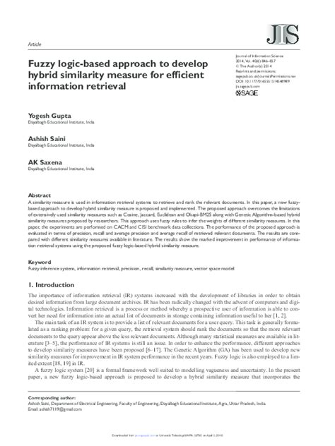 Pdf Fuzzy Logic Based Approach To Develop Hybrid Similarity Measure For Efficient Information