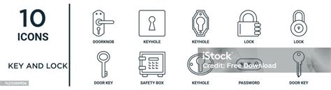 Key And Lock Outline Icon Set Includes Thin Line Doorknob Keyhole Lock Safety Box Password Door