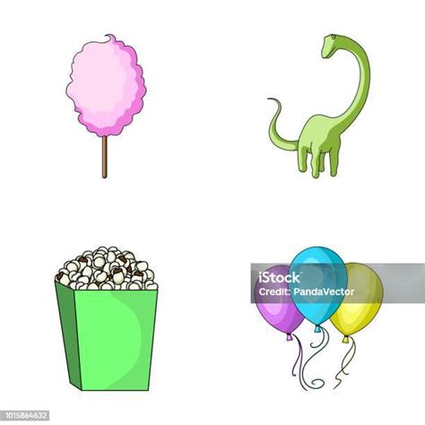 막대기 장난감 용 팝콘 상자에서 문자열에 다채로운 풍선에 달콤한 솜 털 놀이 공원 만화 스타일 벡터 기호 재고 일러스트 웹에서 컬렉션 아이콘을 설정합니다 그네에 대한 스톡