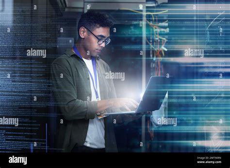 Server Room Laptop And Man With Date Overlay For Cyber Security