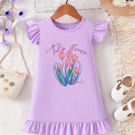 벽화 튤립 꽃 And 낙서 꽃 그래픽 프린트 봄 And 여름을 위한 아기 소녀들을 위한 세련된 And 약간의 신축성 있는 러플 트리밍 면 드레스 옥외 활동을 위한 유아 소녀들의