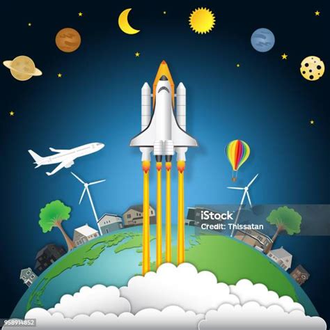 사업으로 지구 공간 또는 코스모스 열기구 및 비행기에 발사 로켓 프로젝트를 시작 예술과 공예 스타일 개념 종이 벡터 일러스트 레이 터 개념에 대한 스톡 벡터 아트 및 기타