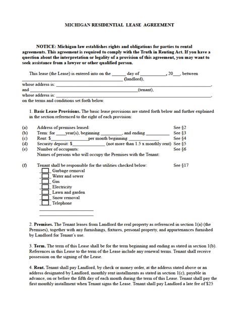 Michigan Lease Agreement Template