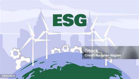 Esg의 개념 환경 사회 및 거버넌스 생태와 환경을 돌봅니다 책임감 있는 사업 및 생산 지구에서 풍차 평면 벡터 일러스트 레이 션 건축에 대한 스톡 벡터 아트 및 기타
