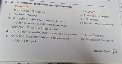 e match the following with their appropriate match column a 1 if ex
