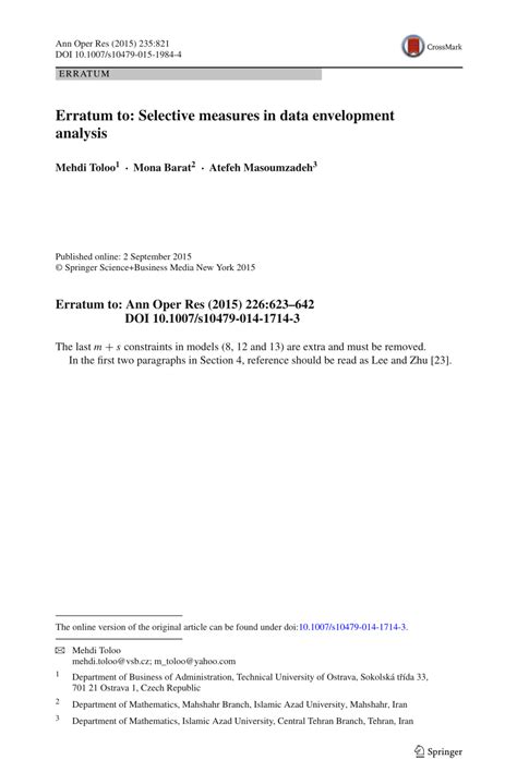 Pdf Erratum To Selective Measures In Data Envelopment Analysis