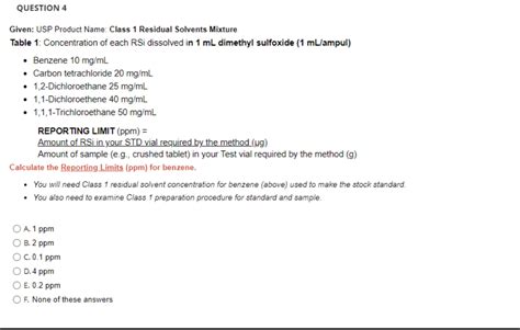 Solved QUESTION Given USP Product Name Class Residual Solvents Course Hero
