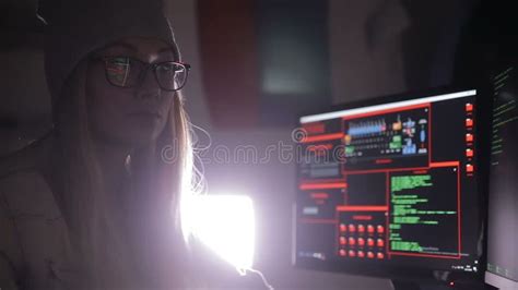 Female Hacker Working On A Computer Coding At Night Stock Footage Video Of Person Attack