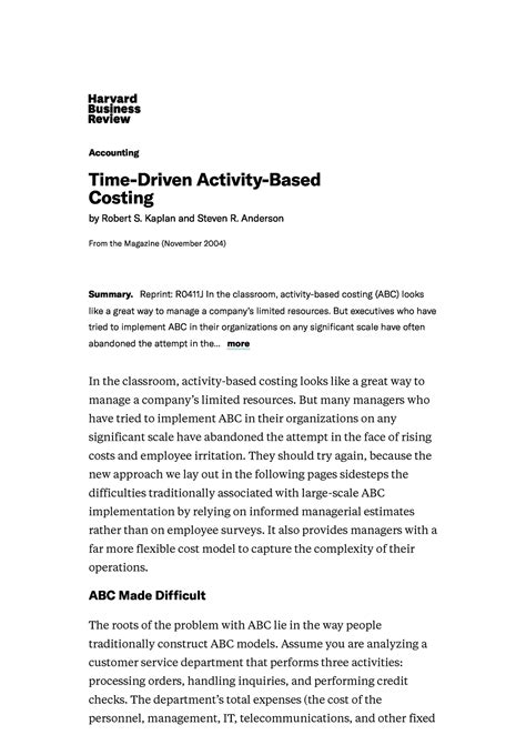 Time Driven Activity Based Costing Accounting Time Driven Activity Based Costing By Robert S