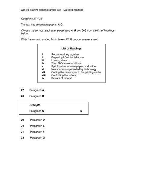 General Training Reading Sample Task Matching Headings General Training Reading Sample Task
