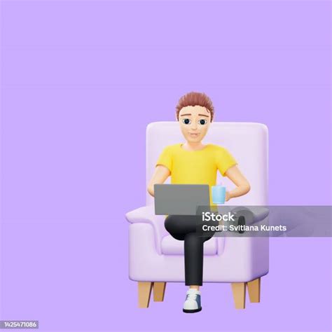 안락 의자 발을 컴퓨터에 발로 밟고 뜨거운 음료를 마시는 남자의 래스터 일러스트레이션 노란 티셔츠를 입은 젊은 남자는 노트북 소셜 네트워크에 앉아 인터넷 서핑을합니다 3d
