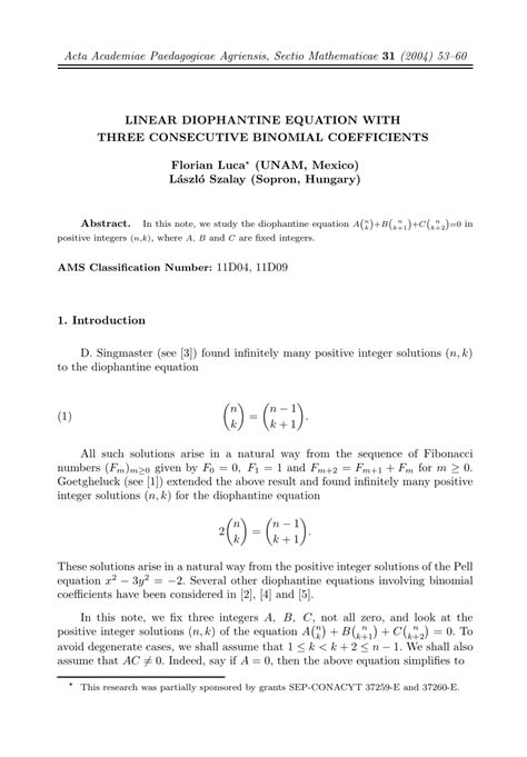 Pdf Linear Diophantine Equation With Three Consecutive Binomial