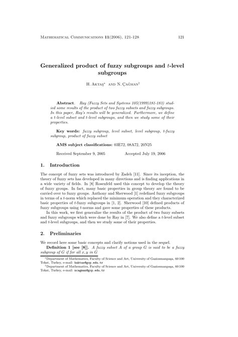 Pdf Generalized Product Of Fuzzy Subgroups And T Level Subgroups