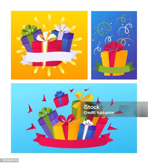 플랫 홀리데이 축하 디자인 벡터 일러스트를 위한 기프트 박스 만화 선물 종이 활 배너 세트의 리본 객체 그래픽 생일 생일 선물에 대한 스톡 벡터 아트 및 기타 이미지