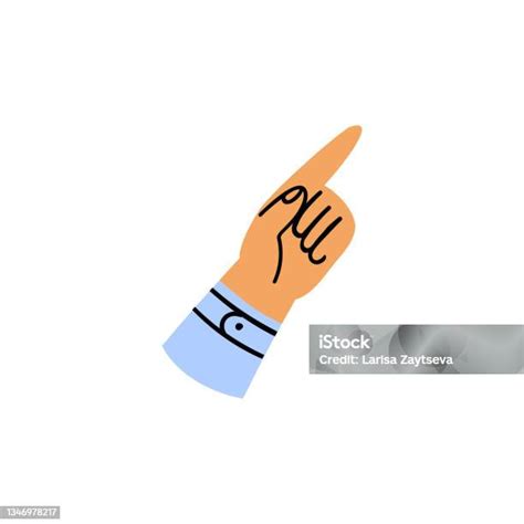 오른쪽 위를 가리키는 만화 손 소매에 있는 한쪽 팔은 검지 손가락으로 대각선으로 파란색 셔츠를 입습니다 손으로 그린 손 제스처 가리키는 격리 된 신체 부위의 벡터 스톡