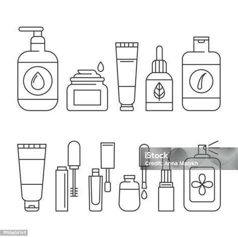 피부 몸 헤어 케어 라인 아이콘 세트 메이크업 일러스트 사인 컬렉션 다양한 화장품 미용 제품을 위해 다양한 모양으로 포장 편집 가능한 Strokevector 일러스트 Eps