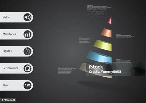 콘의 모티브로 3d 그림 Infographic 템플릿 5 색 부품 비스듬히 간단한 서명 및 사이드 바에서에 샘플 텍스트와 분할 어두운 회색 그라데이션 배경으로 사용 됩니다
