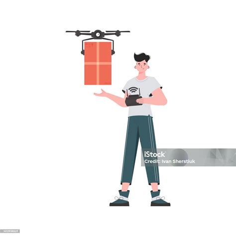 항공에 의한 화물 운송의 개념 한 남자가 패키지로 무인 항공기를 제어합니다 격리 트렌디 한 스타일 벡터 일러스트레이션 교통수단에 대한 스톡 벡터 아트 및 기타 이미지