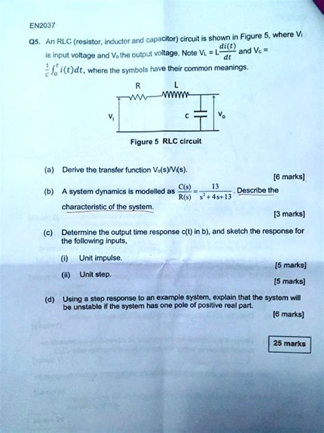 Solved En2037 Q5 An Rlc Resistor Inductor And Capacitor Circuit Is Shown In Figure 5 Where