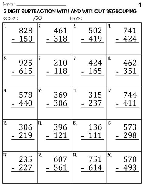 three digit subtraction with and without regrouping worksheets etsy