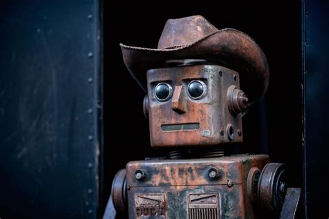 Premium Photo Half Of The Body Of A Rusty Robot Wearing A Brown Rusty Metal Cowbabe Hat