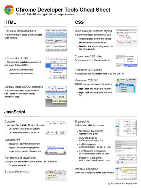 Chrome Developer Tools Cheat Sheet Html Css Pdf Document Object Model Html