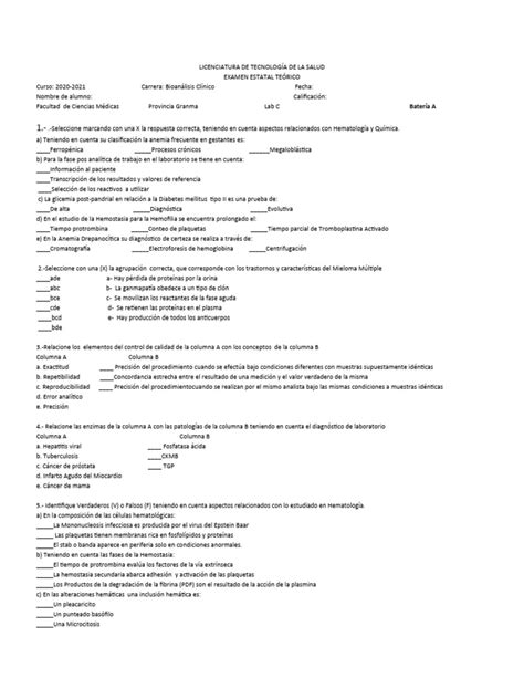 Lab C Batería A Pdf Hematología Hemostasia