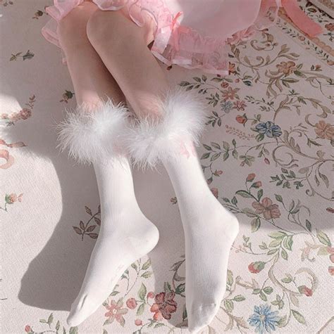Cotton Lolita Calf Socks Knit Pink Bow Turkey Feather Socks 42lolita