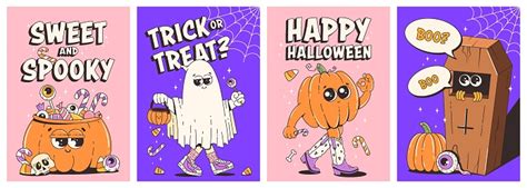 할로윈 포스터 세트 7080년대의 트렌디한 복고풍 그루비 스타일과 펑키한 캐릭터 트릭 오어 트릿 해피 할로윈 달콤하고 으스스합니다 재미있는 벡터 전단지 카드 할로윈에 대한