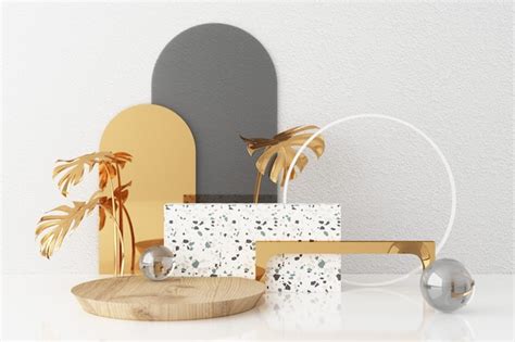 제품 디자인 3d 렌더링 3d 일러스트에 대 한 흰색 연단으로 기하학적 모양 금과 유리 질감을 모의 프리미엄 사진