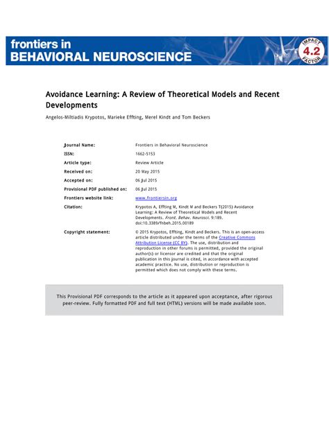 pdf avoidance learning a review of theoretical models and recent