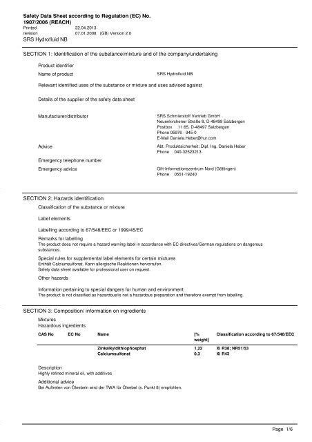 Msds Srs Hydrofluid Nb Srs Schmierstoff Vertrieb Gmbh
