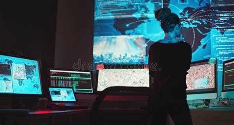 Cybersecurity Woman And Map Of Global Network For Phishing Ransomware And Cyber Terrorism