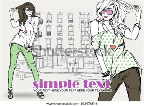 Two Sexy Girls Sketch Style On City Background Stock Vector Royalty Free 102476546 Shutterstock