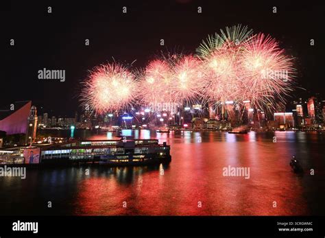 Fireworks Exploding Over Victoria Harbor During The China National Day