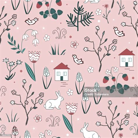 77776ucute 봄 벡터 원활한 패턴 만화 꽃 피는 나무 산 토끼 조류 및 집 낙서 복고풍에 대한 스톡 벡터 아트 및 기타