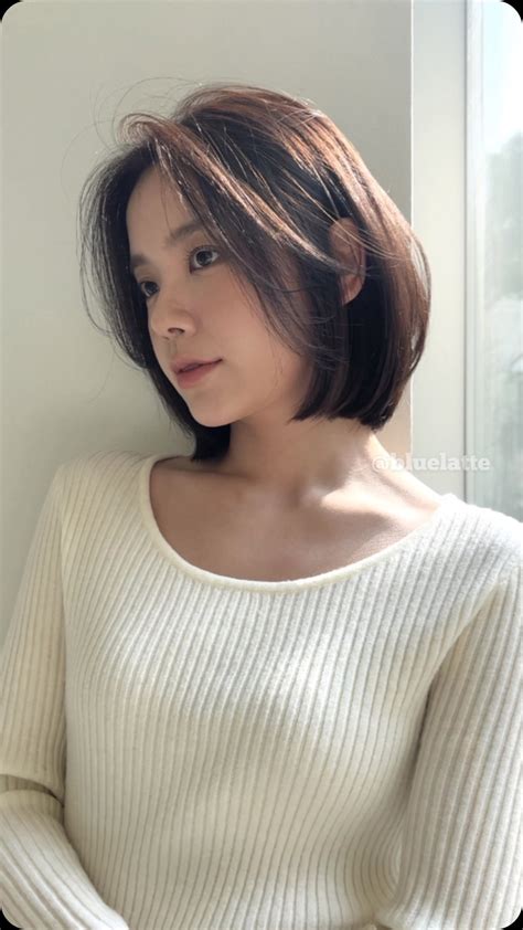 Bluelatte 셀린펌 💙 배이지브라운염색 자연스러운 앞머리 목선의 길이감도 너무 이쁜 슬림한 라인의 단발레이어드