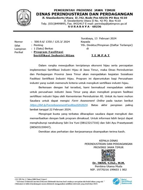 Surat Program Fasilitasi Sertifikasi Industri Hijau 2024 Pdf