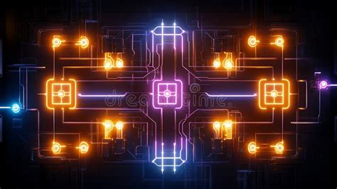 Neon Circuit Of Entangled Qubits Each Gate Symbol Glowing Abstract Geometry Capturing Quantum