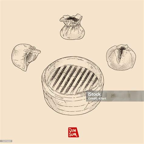 벡터 일러스트 스케치 딤섬 삶은 교자식만두 찐 만두 바베큐 돼지 고기 만두 빈티지 디자인 점과 선에 의해 사용 되는 그림 다른 배경에 쉽게 사용 그리기에 대한 스톡 벡터