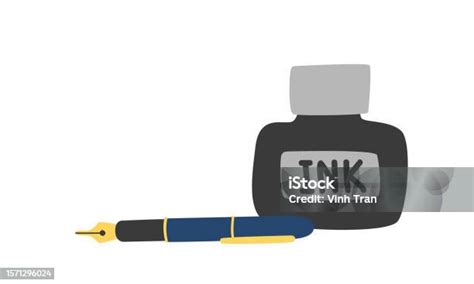 잉크 및 만년필 클립 아트 만년필과 잉크병 플랫 벡터 일러스트레이션 만화 스타일 손으로 그린 낙서 세트 학생 교실 학용품 서예 개학 개념 0명에 대한 스톡 벡터 아트 및
