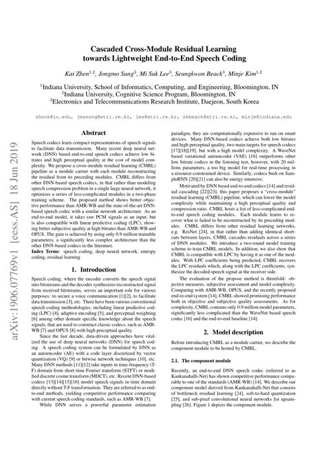 Pdf Cascaded Cross Module Residual Learning Towards Lightweight End To End Speech Coding