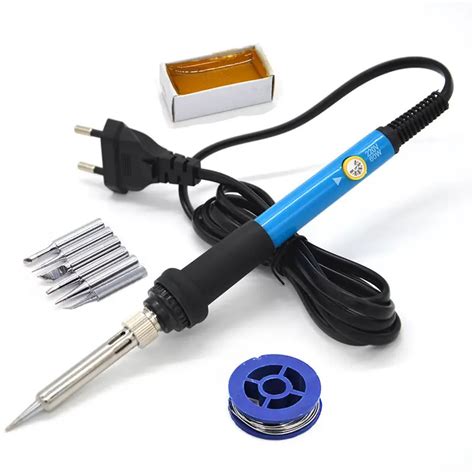 1 세트 전기 납땜 인두 키트 220v 60w Eu 플러그 조절 온도 전자 Diy 용 파란색 용접 건 주석 소더 와이어 5 철 팁이있는 수리 도구 Temu