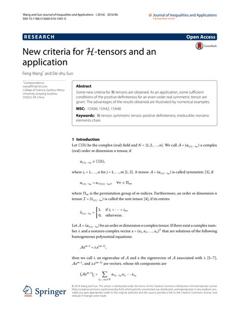 Pdf New Criteria For H Tensors And An Application