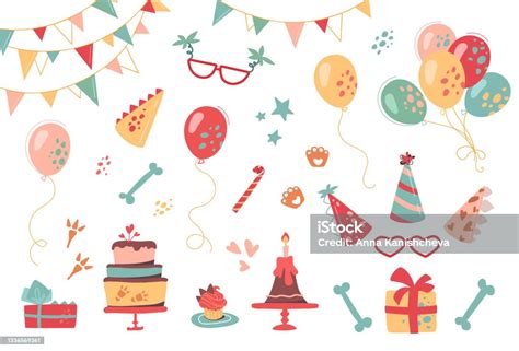 생일을 위한 축제 세트 모자 선물 번팅 케이크 컵 케이크 안경 및 풍선의 벡터 컬렉션 공룡 장식 요소 발자국 과 뼈 공룡에 대한
