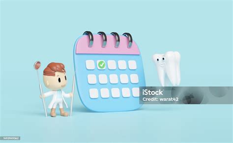 3d 미니어처 만화 캐릭터 치과의사 치과어니 모델 체크 표시 아이콘 분홍색으로 분리된 날짜 하얀 치아의 건강 치과 의사의 치과 검사 3d 렌더링 일러스트레이션 근관 구강에