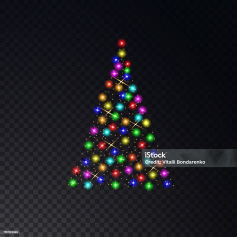 투명 한 배경에 컬러 조명으로 만든 크리스마스 트리입니다 Xmas 홀리데이 카드 배너 포스터 웹 디자인에 대한 빛나는 조명 벡터