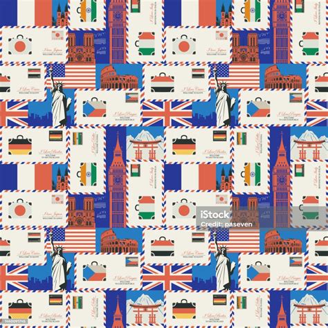 유럽 아시아 및 미국의 다양한 국가로의 여행을 주제로 한 원활한 패턴 파리 일 드 프랑스에 대한 스톡 벡터 아트 및 기타 이미지