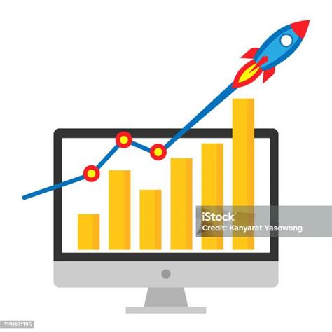 성장 차트 와 상승 로켓 만화 디자인 벡터 일러스트 흰색 배경의 컴퓨터 모니터에서 판매 예측 데이터의 그래프를 증가시음 시장 이익 플랫 개념 설계를 시작합니다 날아오름