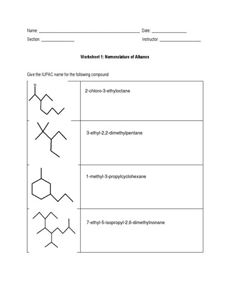 Worksheet 1 Nomenclature Of Alkanes And Cycloalkanes Students Answer Pdf